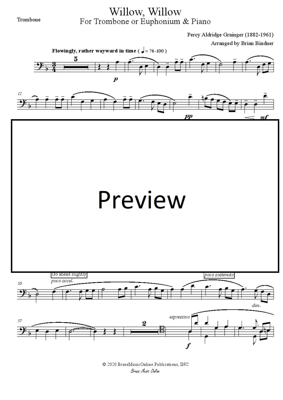 Grainger - Willow, Willow - for Trombone or Euphonium and Piano– Brass ...