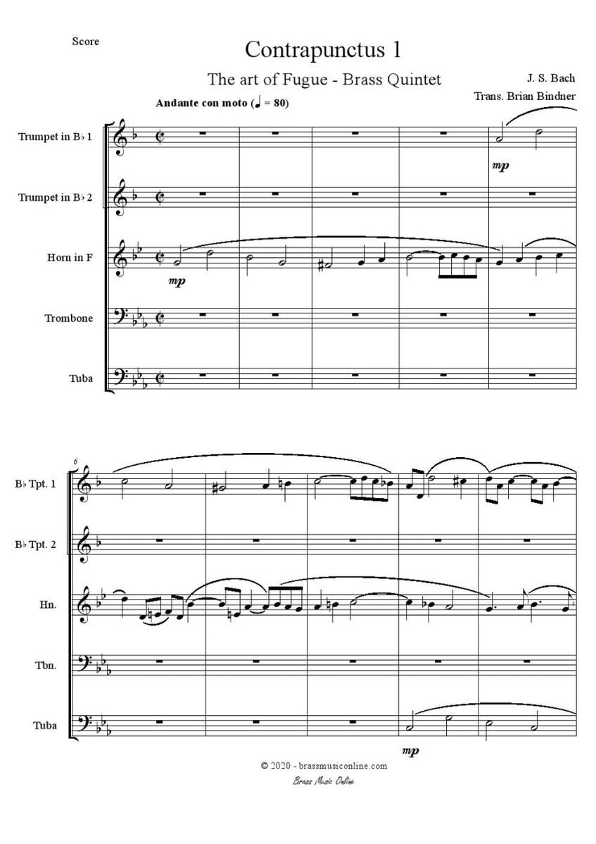 Bach - Contrapunctus No. 1 - Brass Quintet– Brass Music Online
